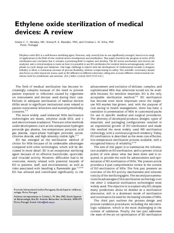 (PDF) Ethylene oxide sterilization of medical devices: A review