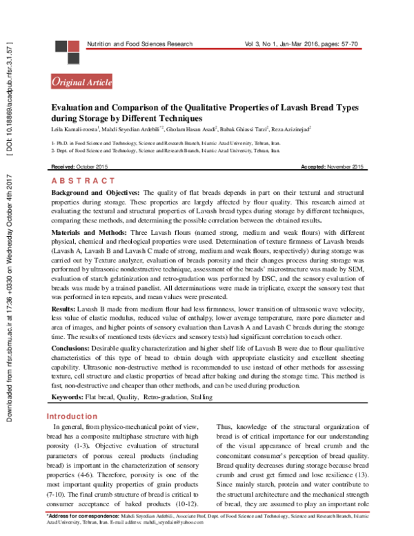 (PDF) Evaluation and Comparison of Qualitative Properties of Lavash Bread Types During Storage ...
