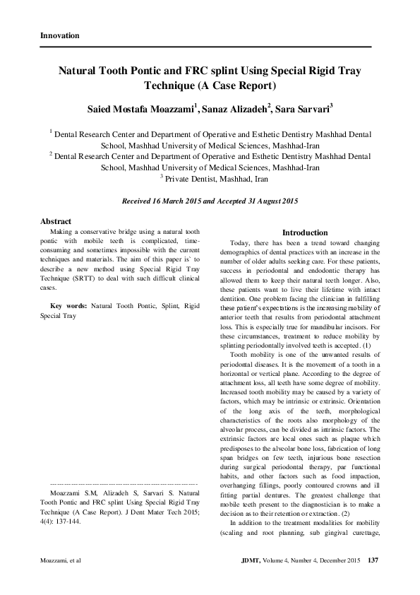 (PDF) Natural Tooth Pontic and FRC splint Using Special Rigid Tray ...