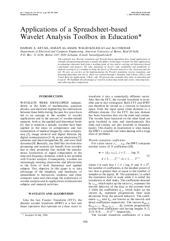 (PDF) Applications of a Spreadsheet-based Wavelet Analysis Toolbox in Education