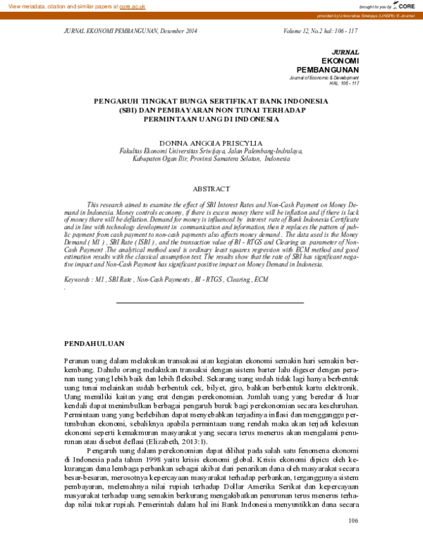 Pdf Pengaruh Tingkat Bunga Sertifikat Bank Indonesia Sbi Dan