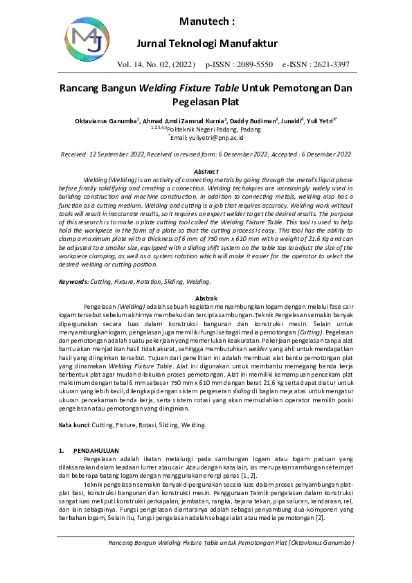 (PDF) Rancang Bangun Welding Fixture Table Untuk Pemotongan Dan ...