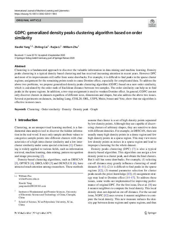 (PDF) GDPC: generalized density peaks clustering algorithm based on order similarity