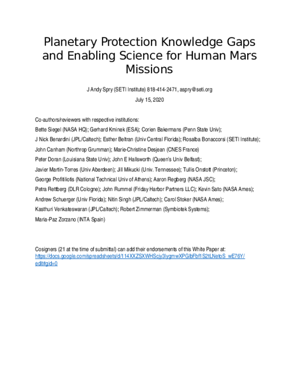 (PDF) Planetary Protection Knowledge Gaps and Enabling Science for ...