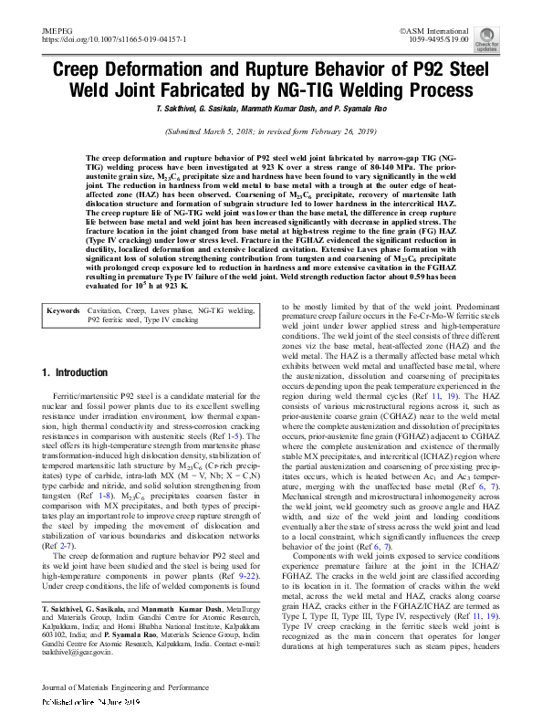 (PDF) Creep Deformation and Rupture Behavior of P92 Steel Weld Joint ...
