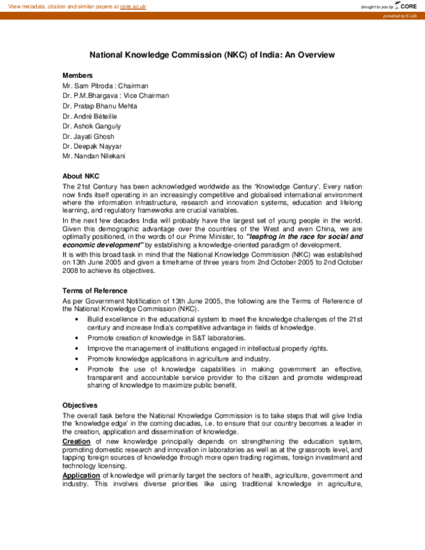 (PDF) National Knowledge Commission of India: An overview