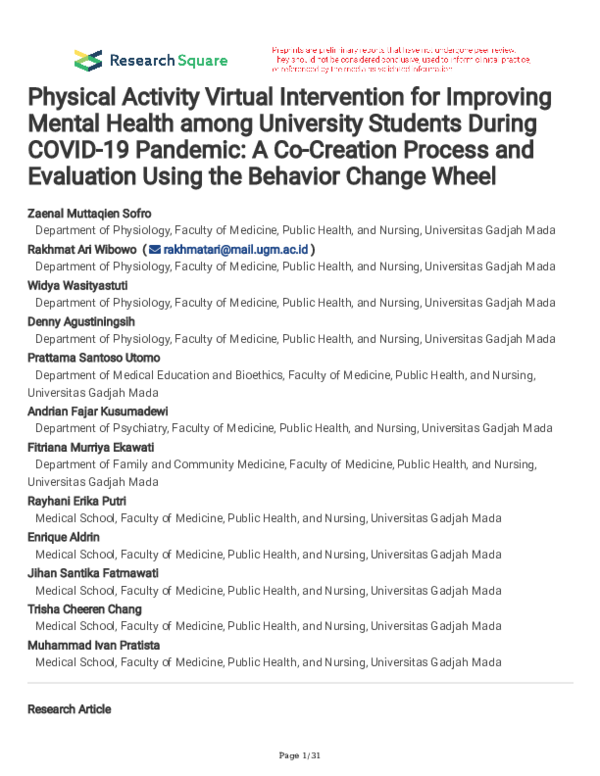 (PDF) Physical Activity Virtual Intervention for Improving Mental Health among University ...