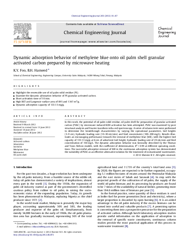 (PDF) Dynamic adsorption behavior of methylene blue onto oil palm shell ...