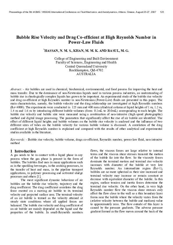 Pdf Bubble Rise Velocity And Drag Co Efficient At High Reynolds Number In Power Law Fluids