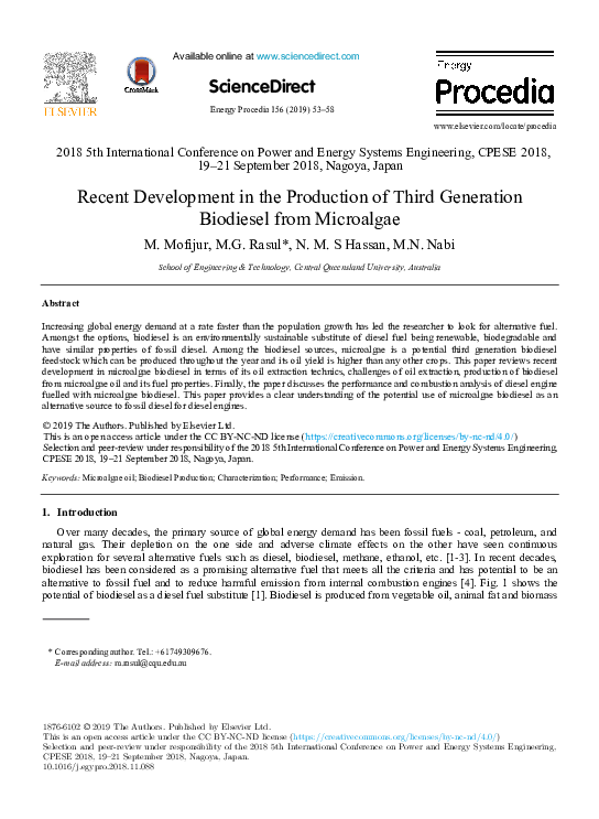 (PDF) Recent Development in the Production of Third Generation Biodiesel from Microalgae