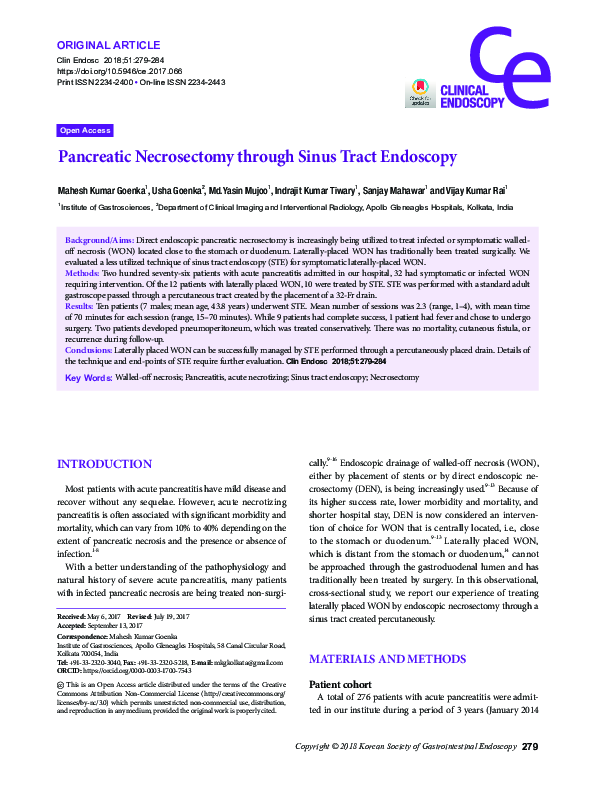 (PDF) Pancreatic Necrosectomy through Sinus Tract Endoscopy