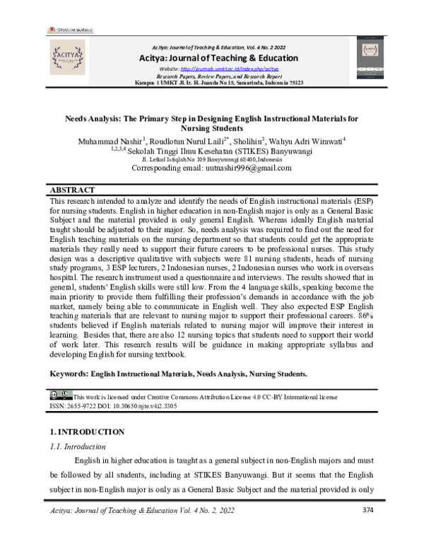 (PDF) Needs Analysis: The Primary Step in Designing English Instructional Materials for Nursing ...