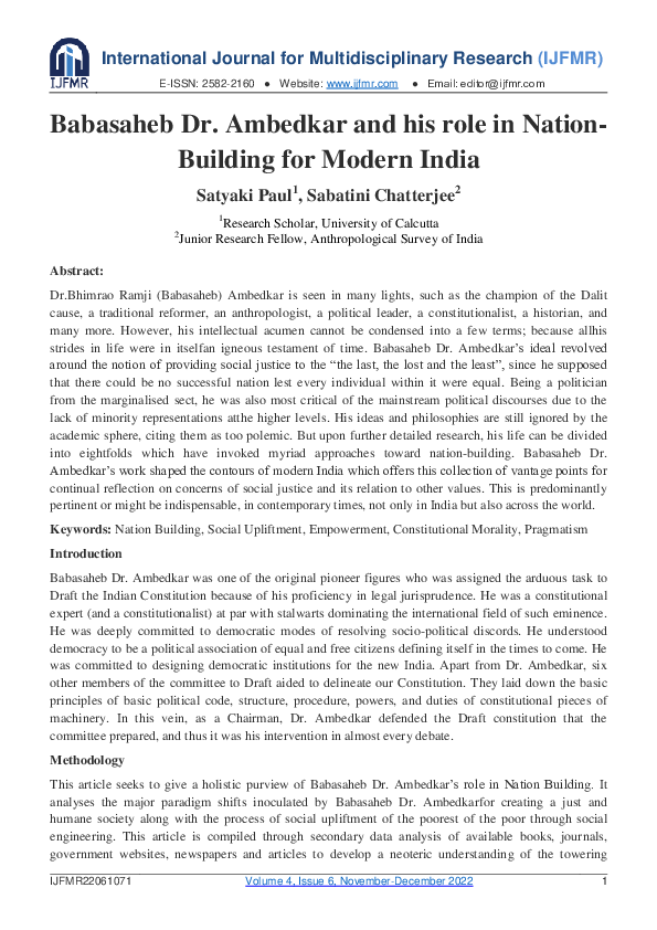 (PDF) Babasaheb Dr. Ambedkar and His Role in Nation-building for Modern ...