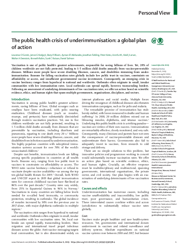 (PDF) The public health crisis of underimmunisation: a global plan of ...