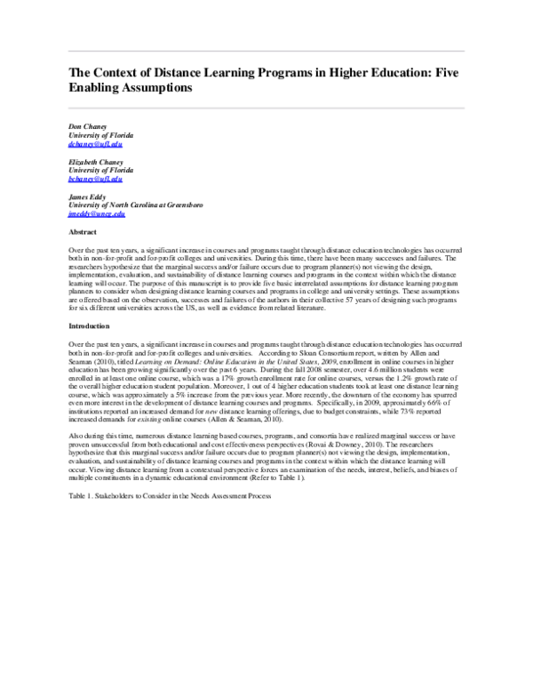 (PDF) The Context of Distance Learning Programs in Higher Education: Five Enabling Assumptions