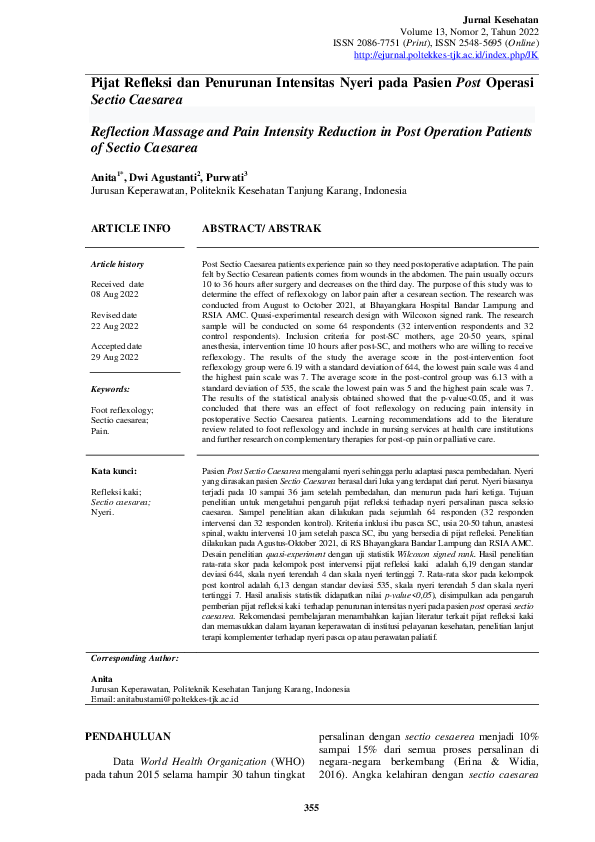 (PDF) Pijat Refleksi dan Penurunan Intensitas Nyeri pada Pasien Post ...