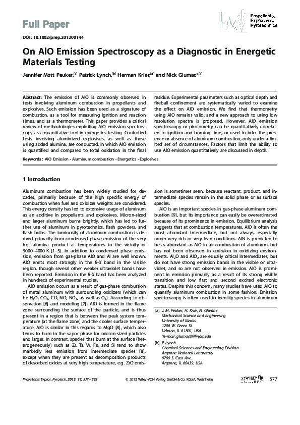 (PDF) On AlO Emission Spectroscopy as a Diagnostic in Energetic ...
