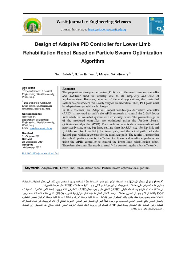 Pdf Design Of Adaptive Pid Controller For Lower Limb Rehabilitation Robot Based On Particle