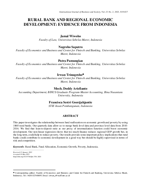 (PDF) Rural Bank and Regional Economic Development: Evidence from Indonesia