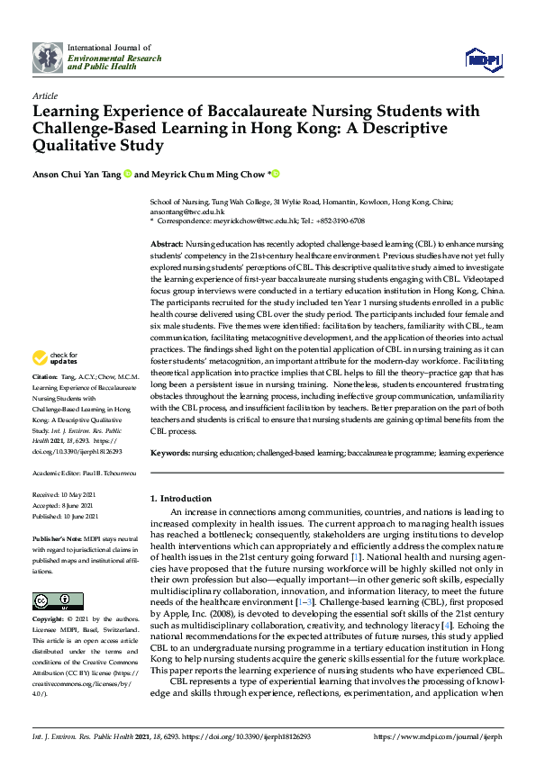 (PDF) Learning Experience of Baccalaureate Nursing Students with Challenge-Based Learning in ...