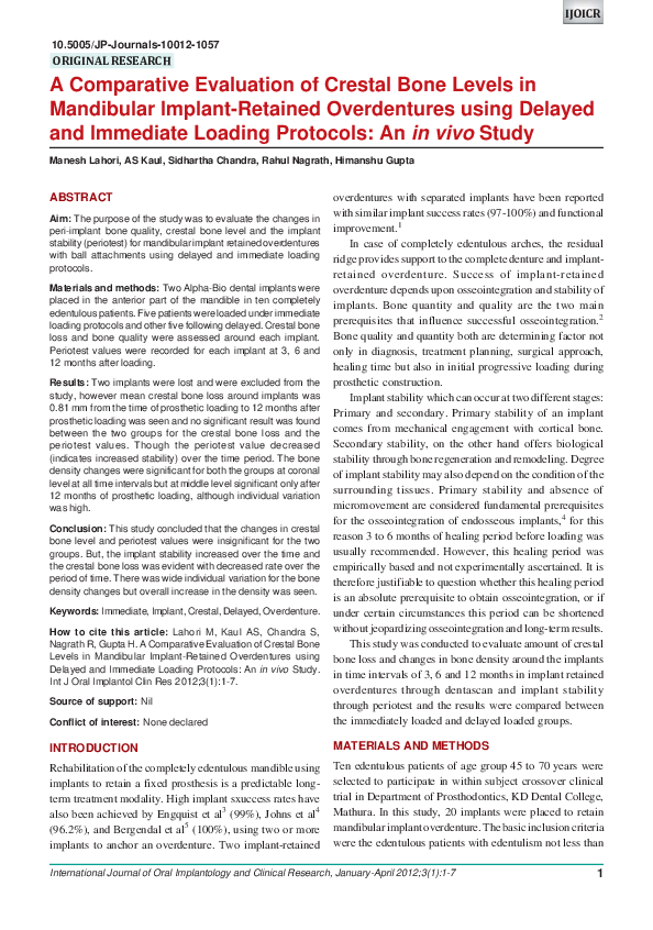 (PDF) A Comparative Evaluation of Crestal Bone Levels in Mandibular ...
