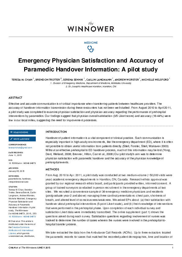(PDF) Emergency Physician Satisfaction and Accuracy of Paramedic ...