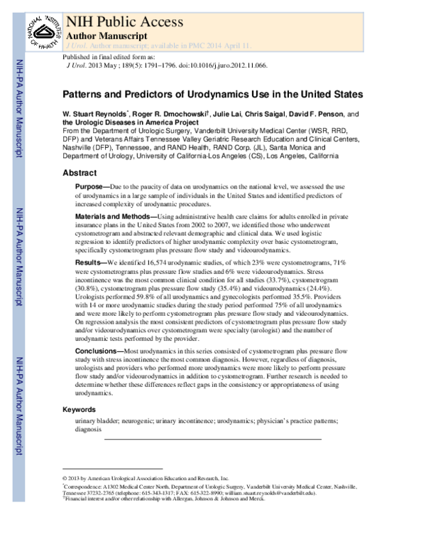 (PDF) Patterns and Predictors of Urodynamics Use in the United States