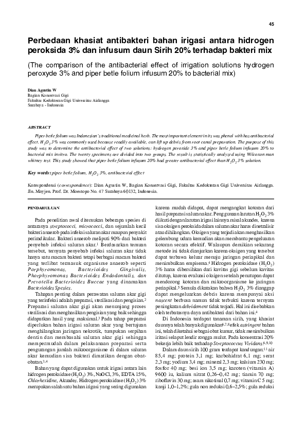 (PDF) Perbedaan khasiat antibakteri bahan irigasi antara hidrogen ...