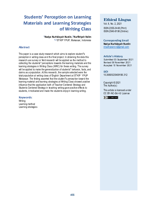 (PDF) Student’s Perception on Learning Materials and Learning Strategies of Writing Class