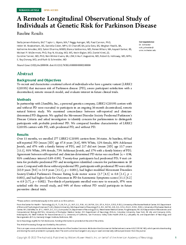 (PDF) A Remote Longitudinal Observational Study of Individuals at Genetic Risk for Parkinson Disease