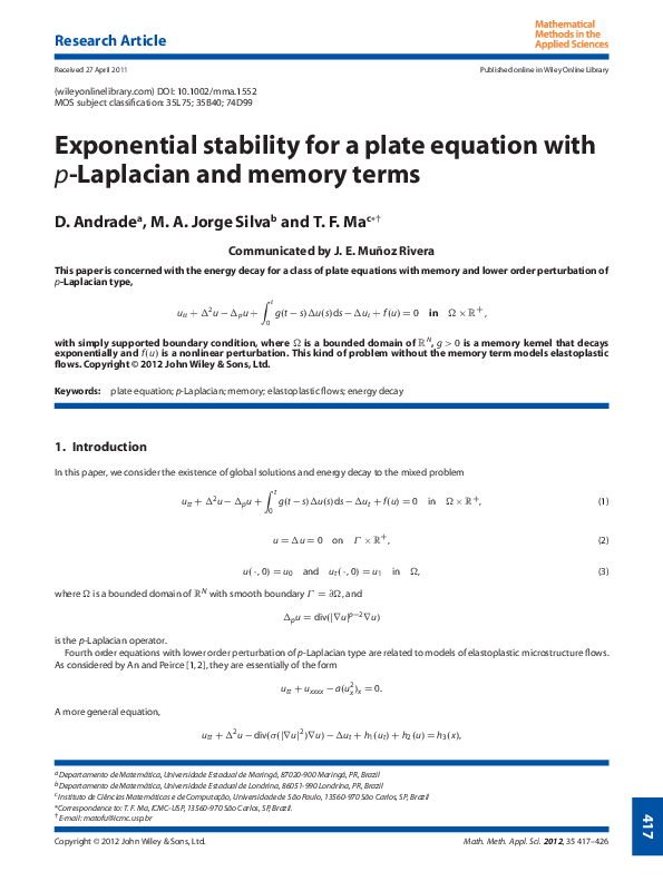 (PDF) Exponential stability for a plate equation with p-Laplacian and ...