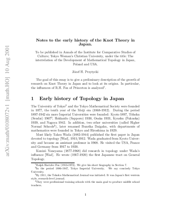 (PDF) Notes to the early history of the Knot Theory in Japan