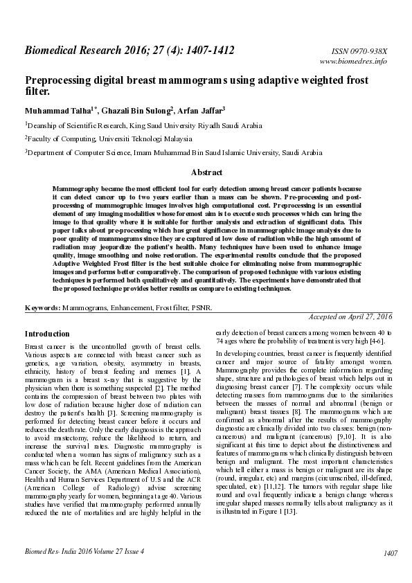 Pdf Preprocessing Digital Breast Mammograms Using Adaptive Weighted Frost Filter