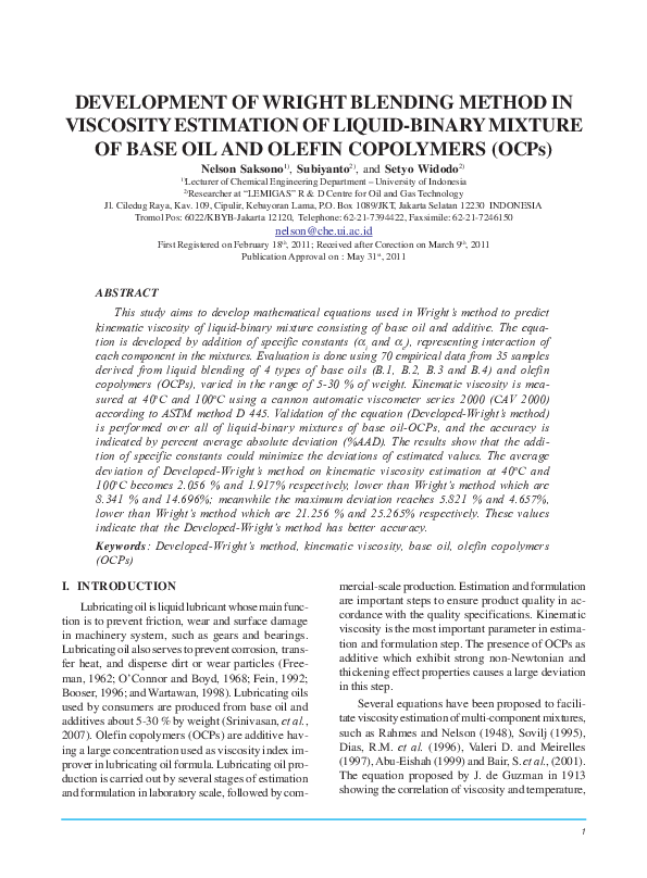 (PDF) DEVELOPMENT OF WRIGHT BLENDING METHOD IN VISCOSITY ESTIMATION OF ...
