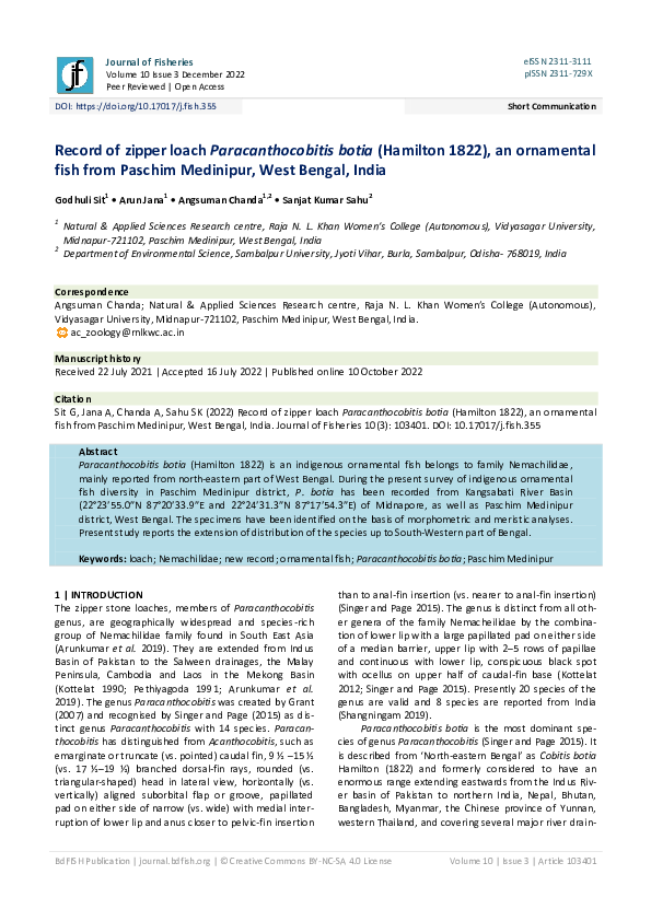 (PDF) Record of zipper loach Paracanthocobitis botia (Hamilton 1822 ...
