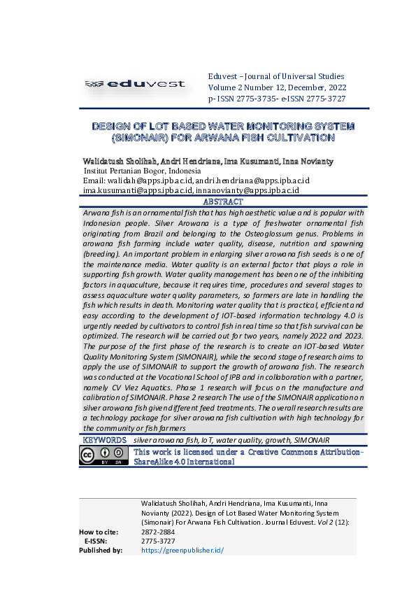 Pdf Design Of Iot Based Water Monitoring System Simonair For Arwana