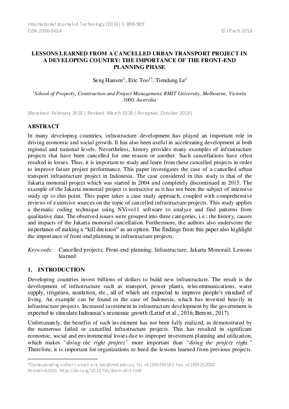 (PDF) Lessons Learned from a Cancelled Urban Transport Project in a Developing Country: The ...