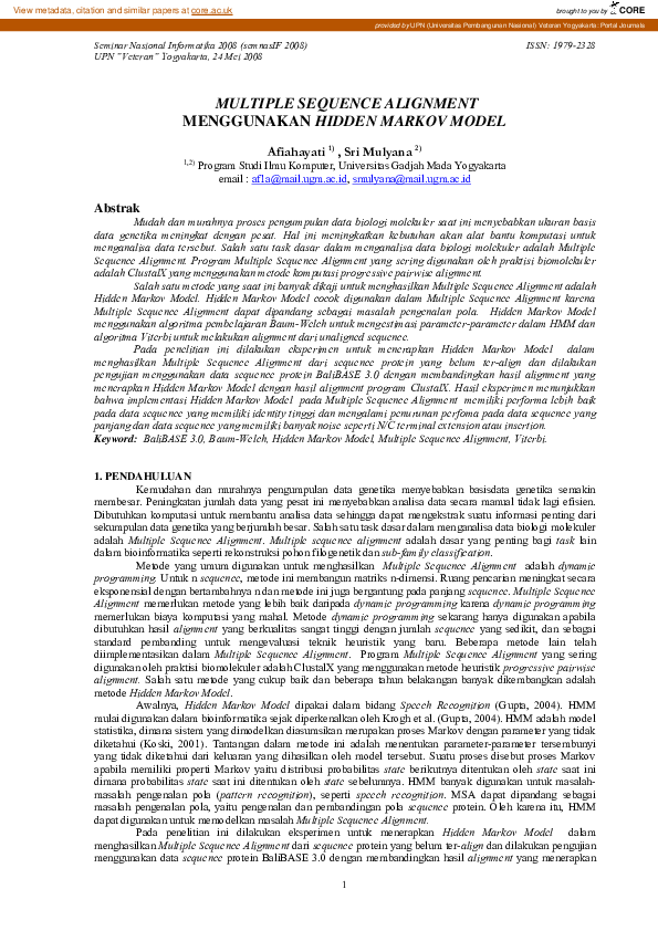 (PDF) Multiple Sequence Alignmentmenggunakan Hidden Markov Model