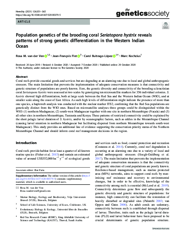 (PDF) Population genetics of the brooding coral Seriatopora hystrix ...