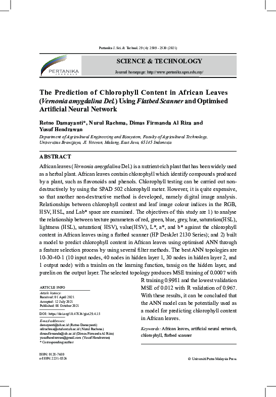 (PDF) The Prediction of Chlorophyll Content in African Leaves (Vernonia amygdalina Del.) Using ...