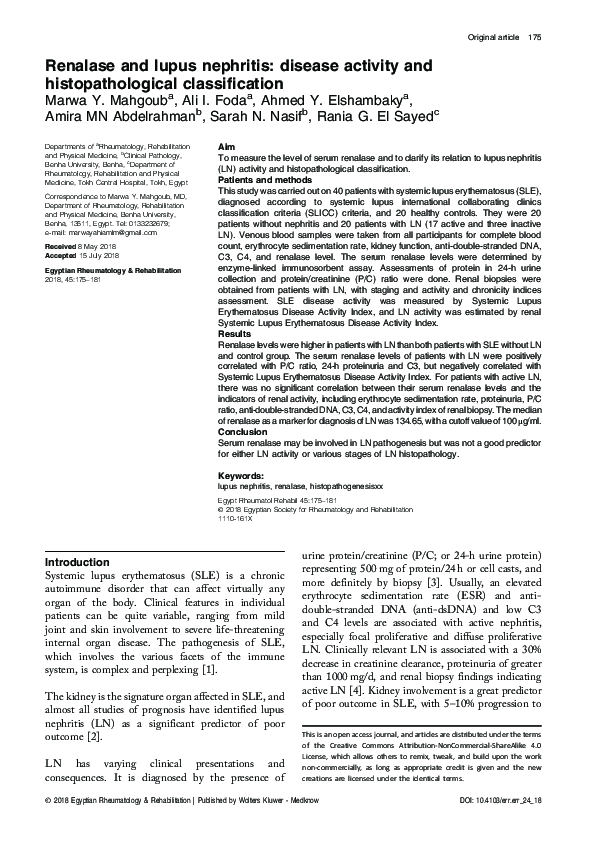 (PDF) Renalase and lupus nephritis: disease activity and ...