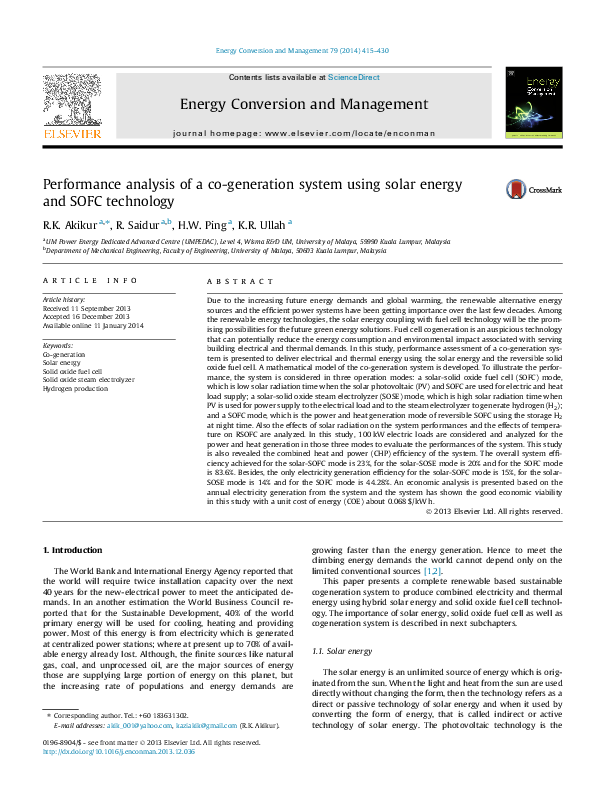 (PDF) Performance analysis of a co-generation system using solar energy and SOFC technology