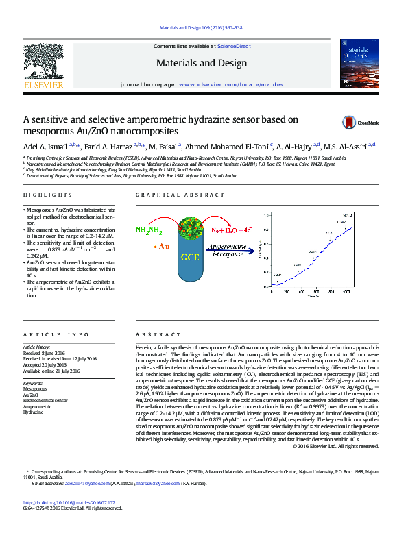 (PDF) A sensitive and selective amperometric hydrazine sensor based on mesoporous Au/ZnO ...