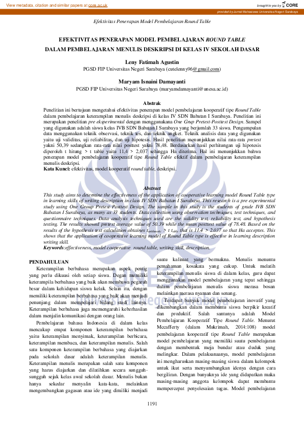 (PDF) Efektivitas Penerapan Model Pembelajaran Round Table Dalam Pembelajaran Menulis Deskripsi ...