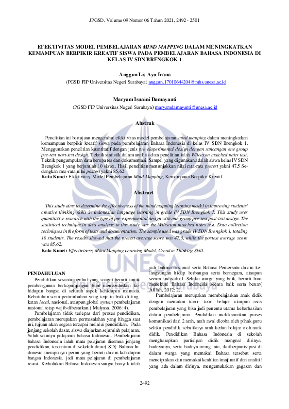 (PDF) Efektivitas Model Pembelajaran Mind Mapping Dalam Meningkatkan Kemampuan Berpikir Kreatif ...