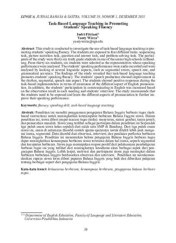 (PDF) Task-Based Language Teaching in Promoting Students’ Speaking Fluency