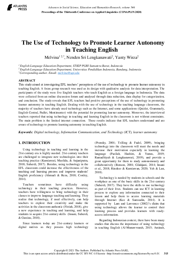 (PDF) The Use of Technology to Promote Learner Autonomy in Teaching English
