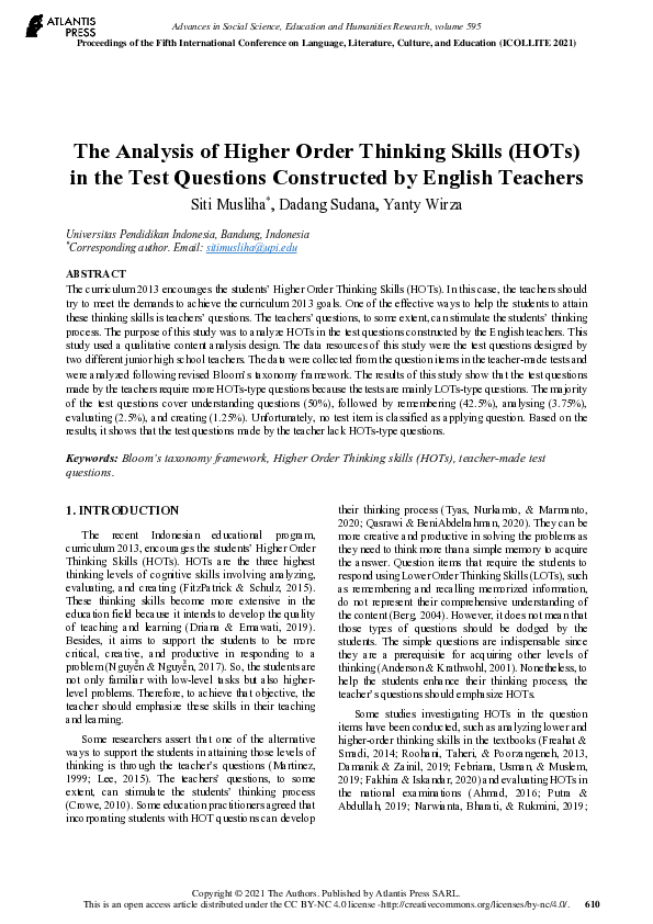 (PDF) The Analysis of Higher Order Thinking Skills (HOTs) in the Test ...
