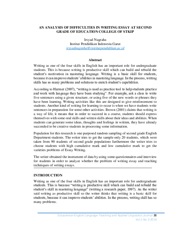 (PDF) An Analysis of Difficulties in Writing Essay at Second Grade of Education College of Stkip