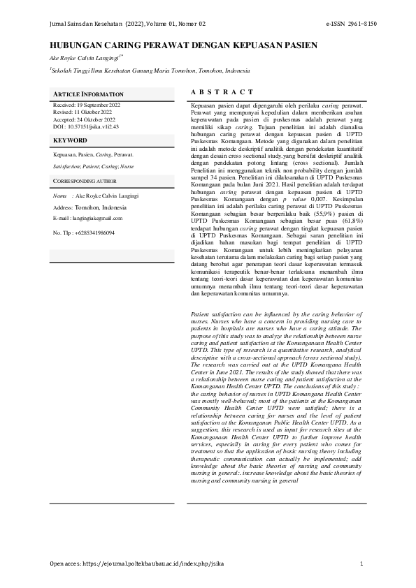 (PDF) Hubungan Caring Perawat Dengan Kepuasan Pasien